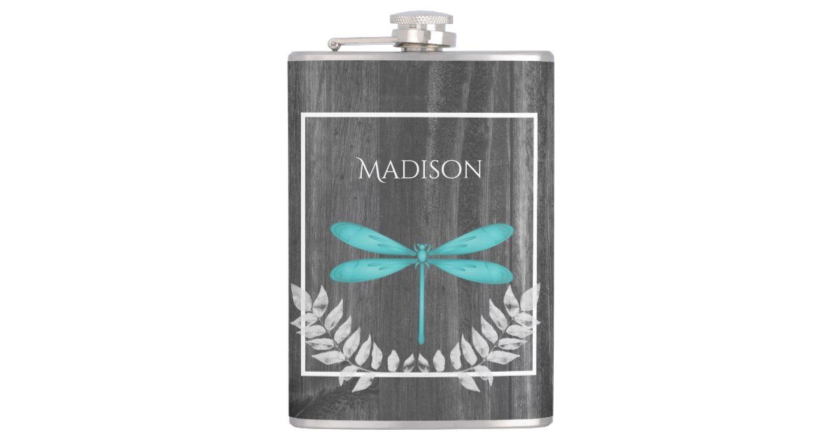 Teal Dragonfly Rustic Flask | Zazzle