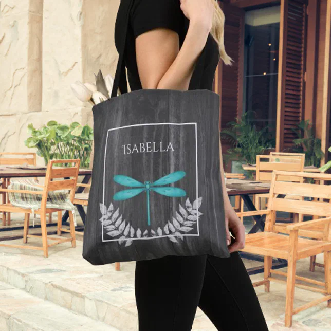 Teal Dragonfly Rustic Personalized Tote Bag | Zazzle