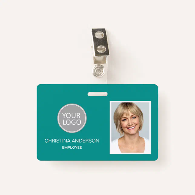 Teal Employee Name Logo Photo Corporate Work Badge | Zazzle