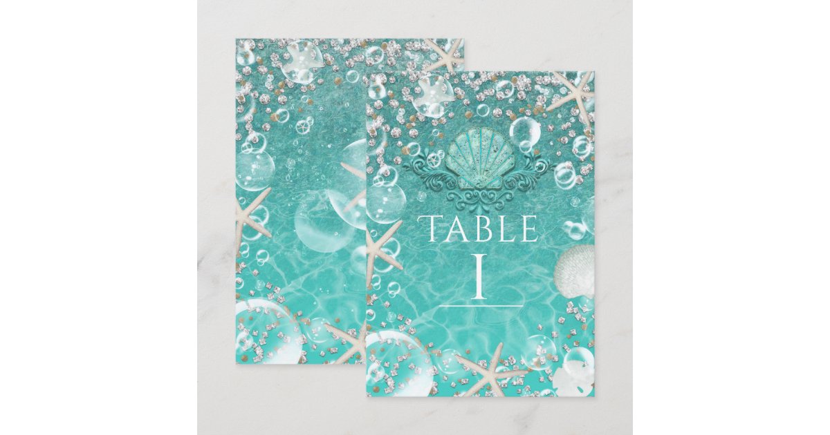 Teal Enchanted Sea Starfish & Bubbles Table Number | Zazzle