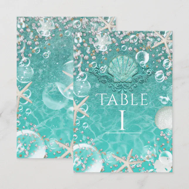 Teal Enchanted Sea Starfish & Bubbles Table Number | Zazzle