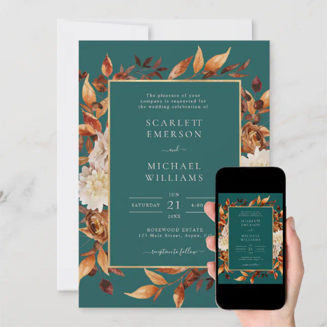 Teal Fall Floral Wedding Invitation | Zazzle