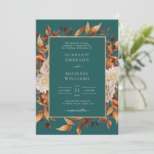Teal Fall Floral Wedding Invitation | Zazzle