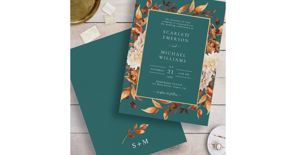 Teal Fall Floral Wedding Invitation | Zazzle