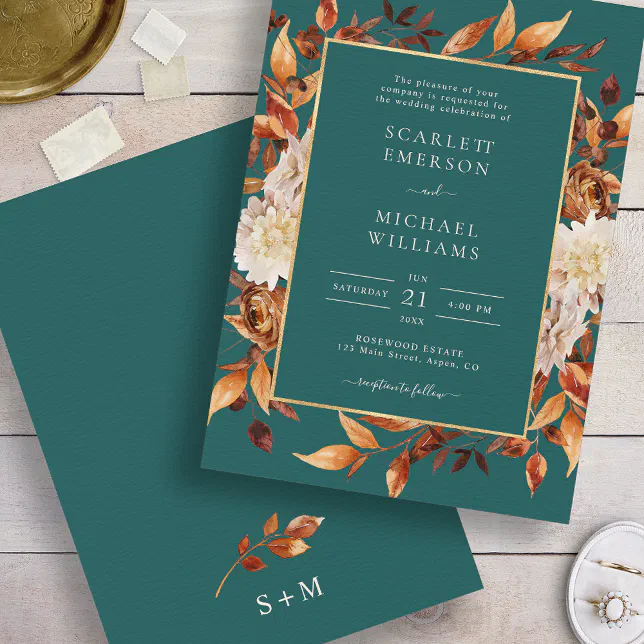 Teal Fall Floral Wedding Invitation | Zazzle