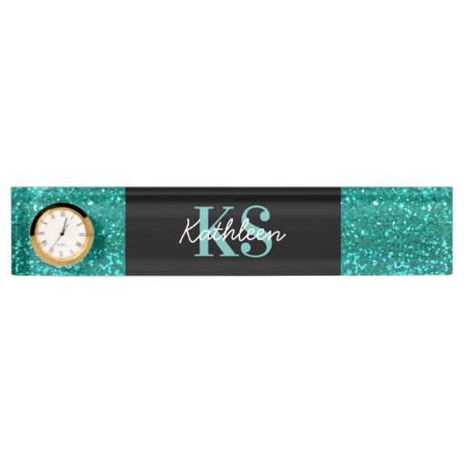 Teal Faux Glitter Monogram Office Desk Name Plates | Zazzle