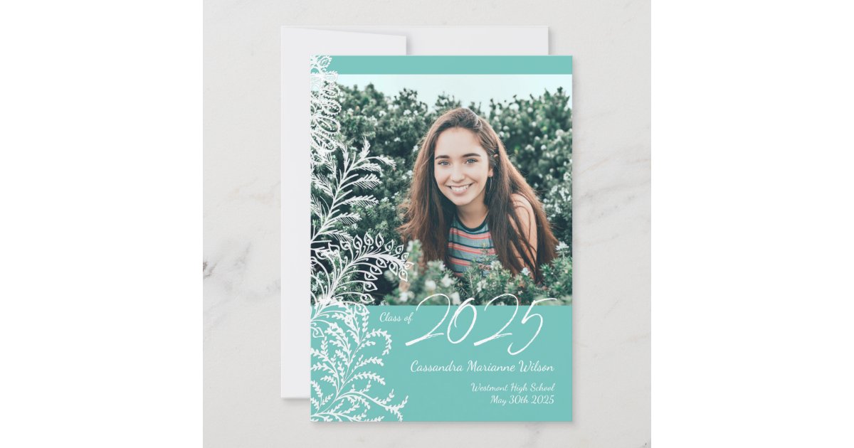 Teal Ferns Vintage Photo Graduation Announcement | Zazzle