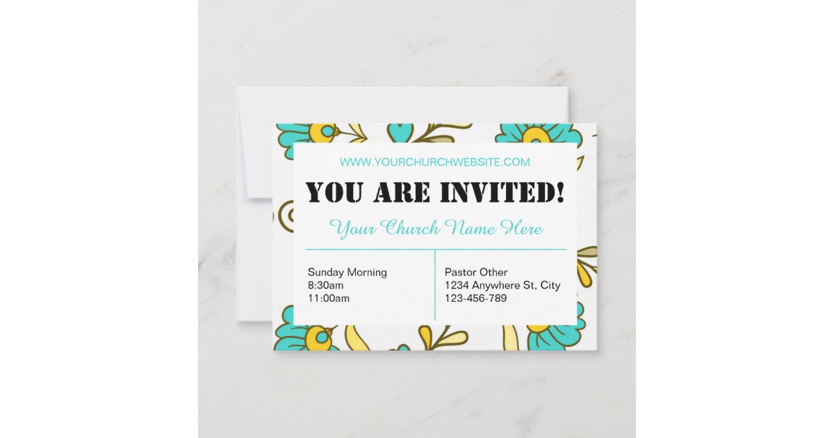 Teal Floral Church Invitation Card | Zazzle