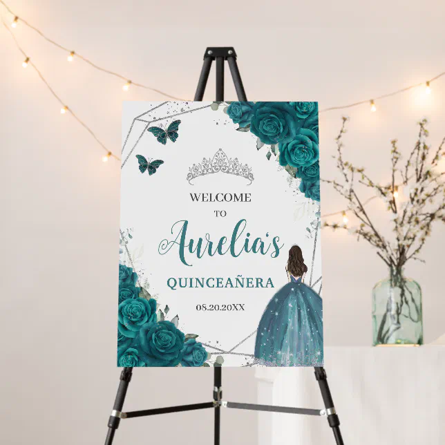 Teal Floral Princess Silver Quinceanera XV Welcome Foam Board | Zazzle