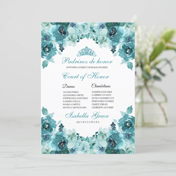 Teal Floral Quinceanera Court of Honor Invitation | Zazzle