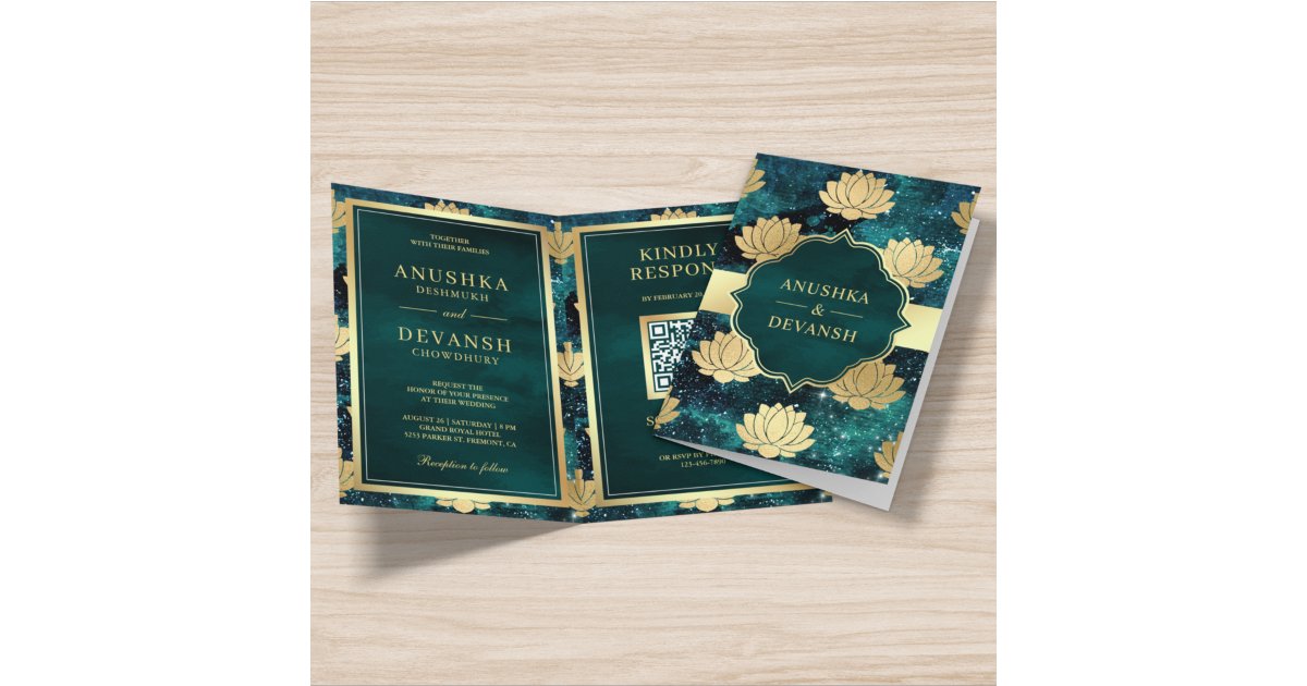 Teal Galaxy Gold Lotus QR Code Indian Wedding Invitation | Zazzle