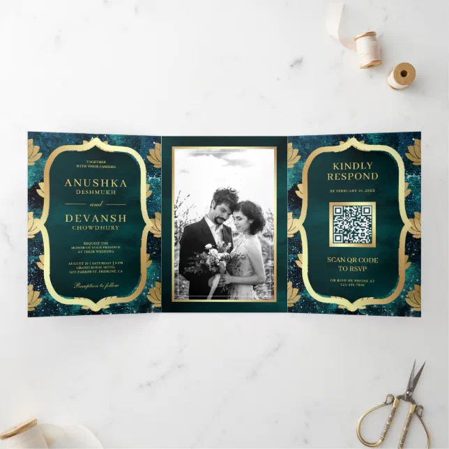 Teal Galaxy Gold Lotus QR Code Indian Wedding Tri-Fold Invitation | Zazzle