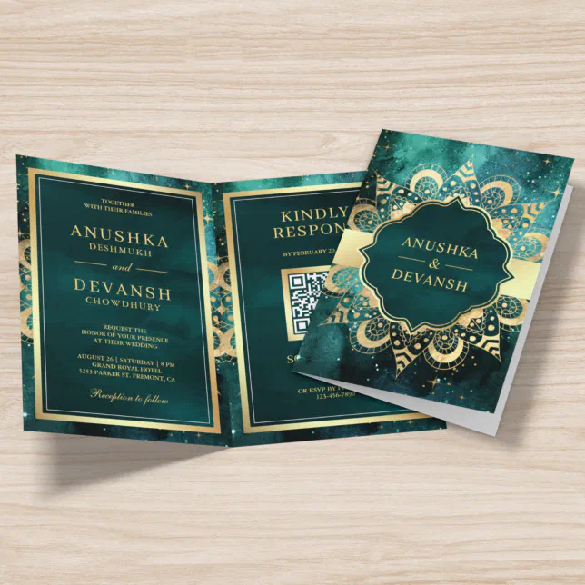 Teal Galaxy Gold Mandala QR Code Indian Wedding Invitation | Zazzle