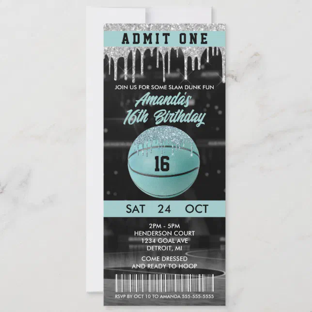 Teal Girls Basketball Birthday Ticket Invitation | Zazzle