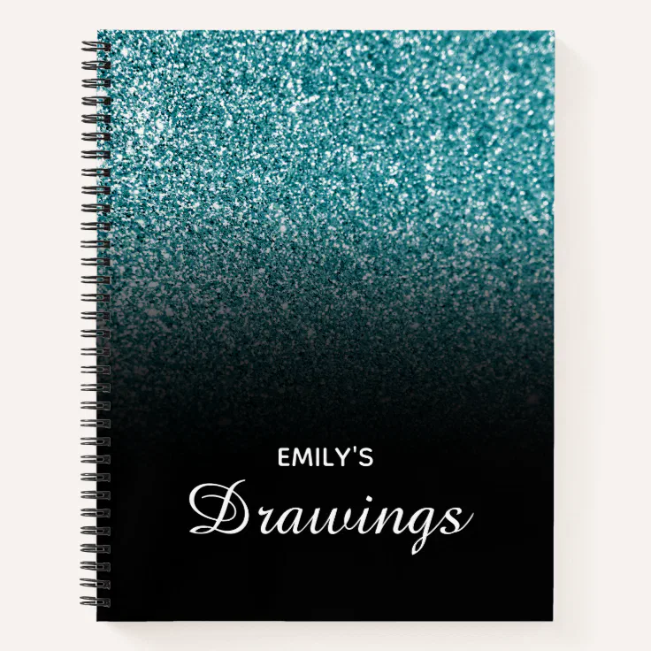 Teal Glitter Black Ombre Personalized Drawing Notebook | Zazzle
