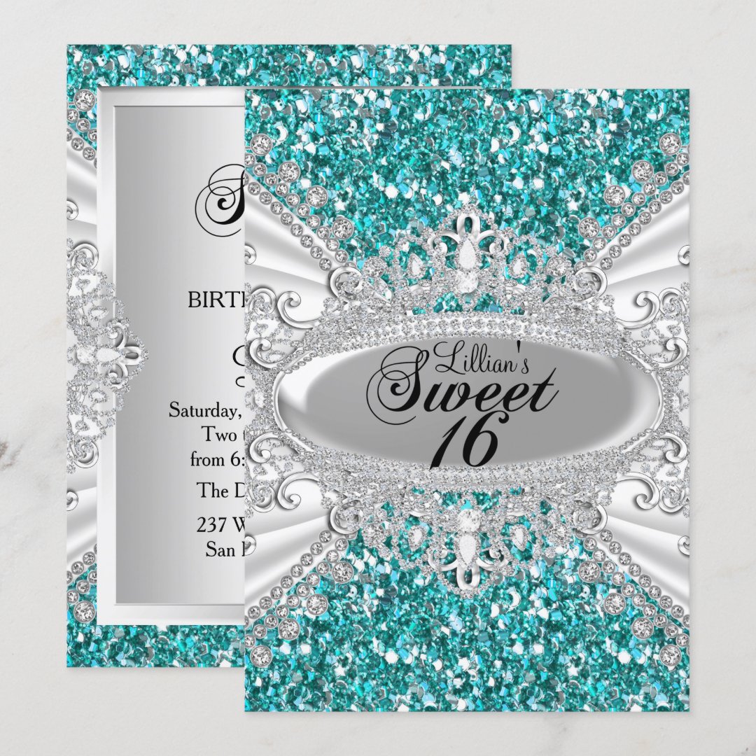 Teal Glitter Diamond Tiara Sweet 16 Invite | Zazzle