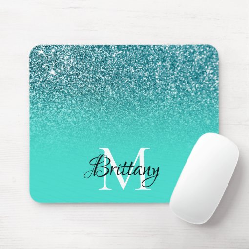 Teal Glitter Ombre Personalized Monogram Mouse Pad | Zazzle