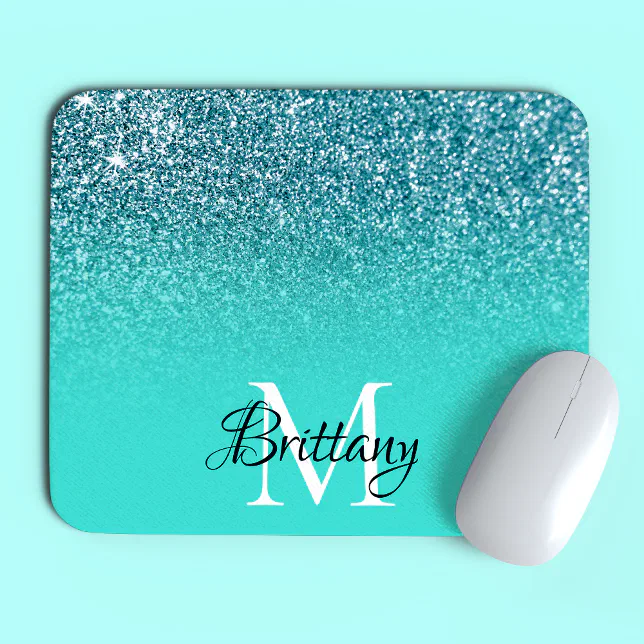 Teal Glitter Ombre Personalized Monogram Mouse Pad | Zazzle