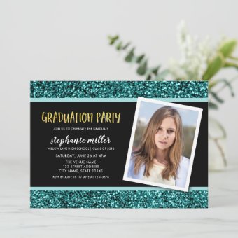 Teal Glitter Photo Graduation Party Invitation | Zazzle