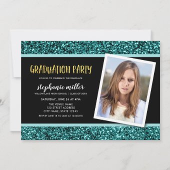 Teal Glitter Photo Graduation Party Invitation | Zazzle