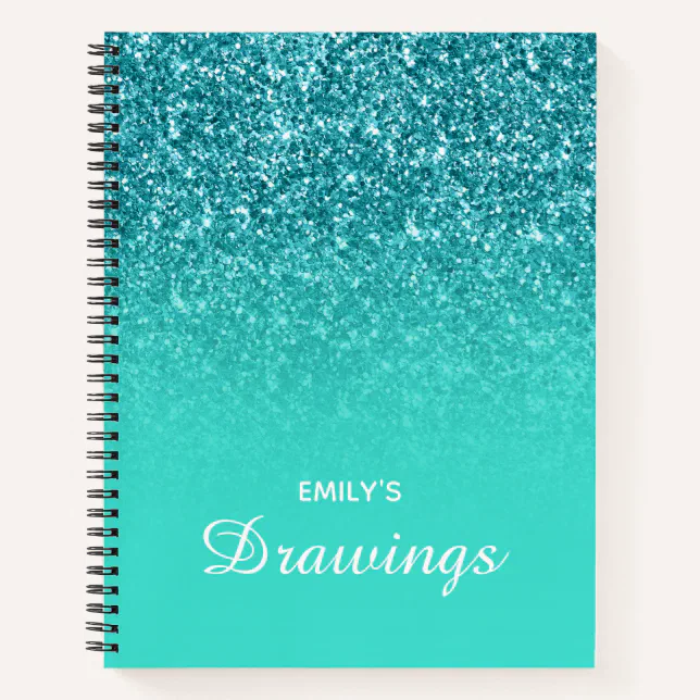 Teal Glitter Turquoise Ombre Personalized Drawing Notebook | Zazzle