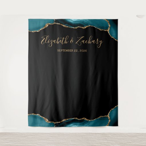 Teal Gold Agate Border Dark Wedding Photo Booth Tapestry | Zazzle