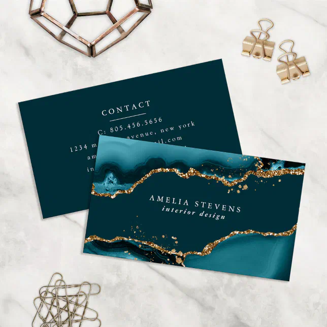 Teal & Gold Agate Business Card | Zazzle