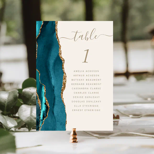 Teal Gold Agate Ivory Wedding Table Number | Zazzle