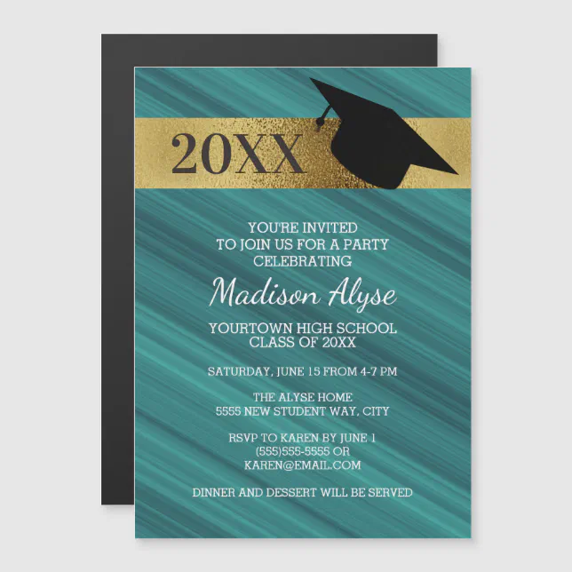 Teal Gold Black Graduation Party Magnetic Invitation | Zazzle