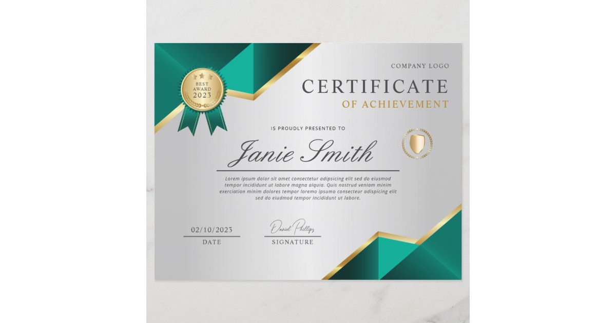 Teal & Gold Certificate Of Achievement Award | Zazzle
