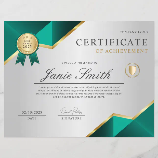 Teal & Gold Certificate Of Achievement Award | Zazzle