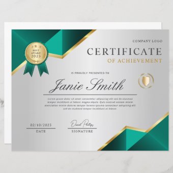 Teal & Gold Certificate Of Achievement Award | Zazzle