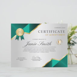 Teal & Gold Certificate Of Achievement Award | Zazzle