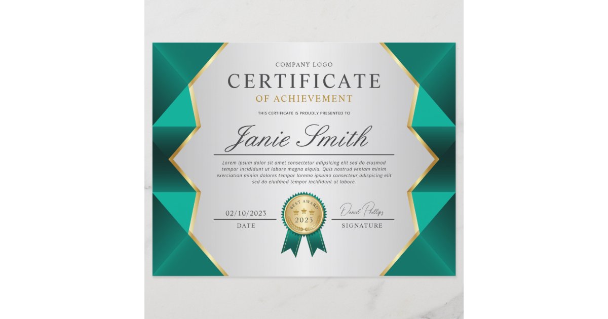 Teal & Gold Certificate Of Achievement Award | Zazzle