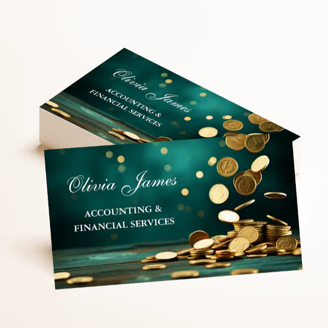 Teal Gold Coins Finance and Accountancy Service Business Card | Zazzle