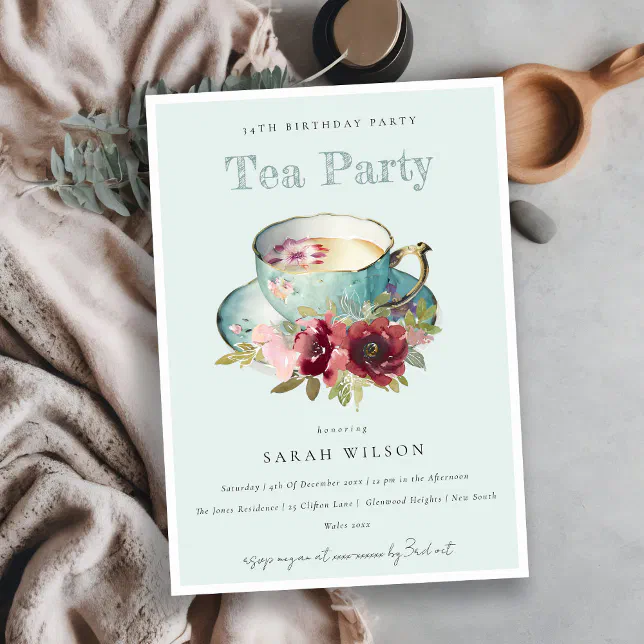 Teal Gold Floral Teacup Any Age Birthday Tea Party Invitation | Zazzle