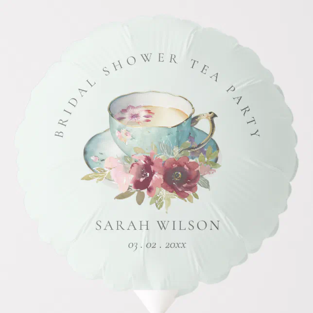 Teal Gold Floral Teacup Bridal Shower Tea Party Balloon | Zazzle