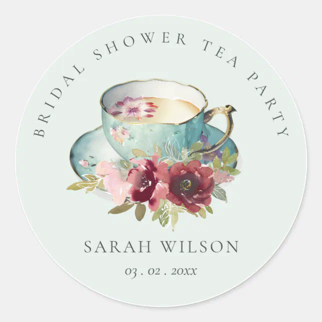 Teal Gold Floral Teacup Bridal Shower Tea Party Classic Round Sticker ...