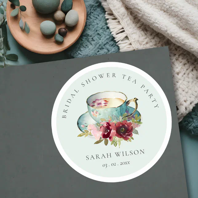 Teal Gold Floral Teacup Bridal Shower Tea Party Classic Round Sticker ...