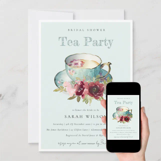 Teal Gold Floral Teacup Bridal Shower Tea Party Invitation Zazzle