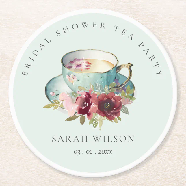Teal Gold Floral Teacup Bridal Shower Tea Party Round Paper Coaster ...