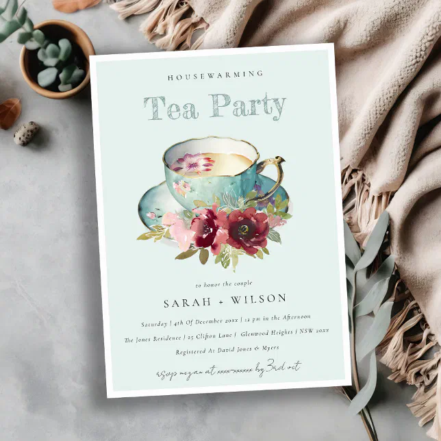 Teal Gold Floral Teacup Housewarming Tea Party Invitation | Zazzle