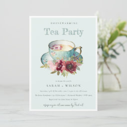 Teal Gold Floral Teacup Housewarming Tea Party Invitation | Zazzle