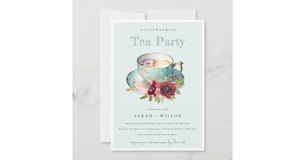 Teal Gold Floral Teacup Housewarming Tea Party Invitation | Zazzle