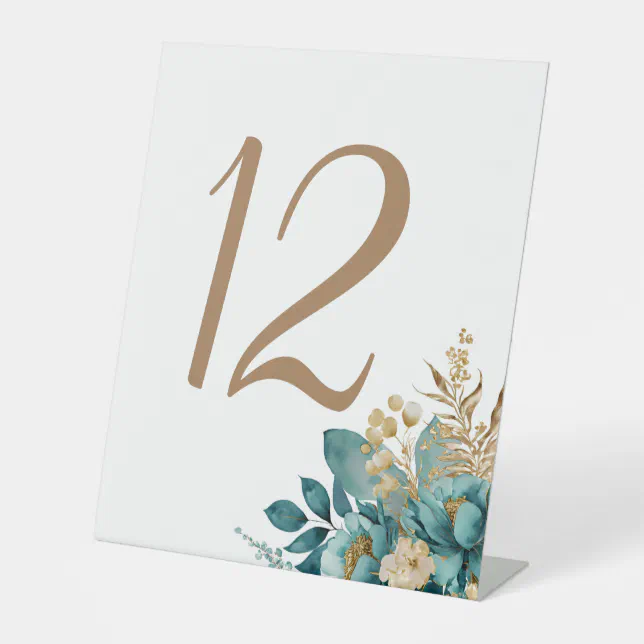 Teal & Gold Floral Wedding table numbers Pedestal Sign | Zazzle