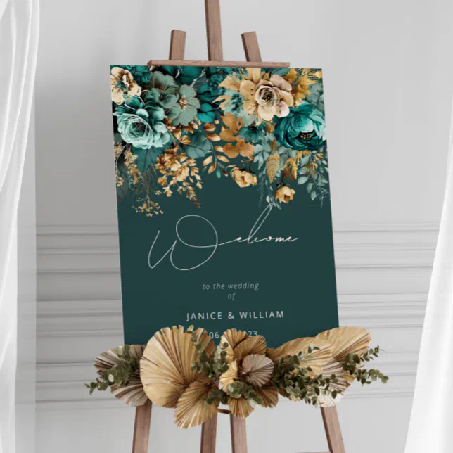 Teal Gold Floral Wedding Welcome Sign | Zazzle