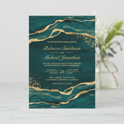 Teal Gold Fluid Ink Photo Wedding Invitation | Zazzle