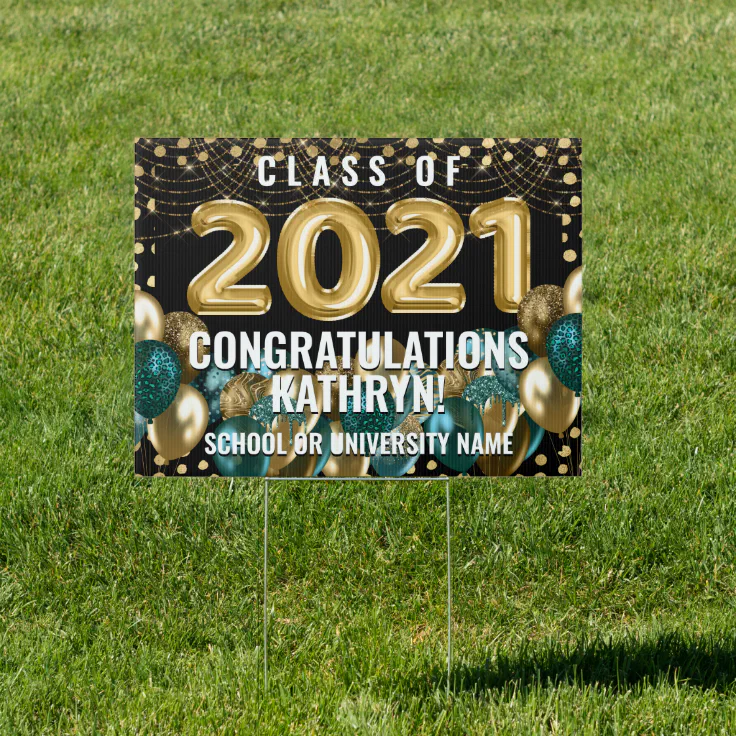 Teal Gold Glitter Balloons Class 2021 Graduation B Sign | Zazzle