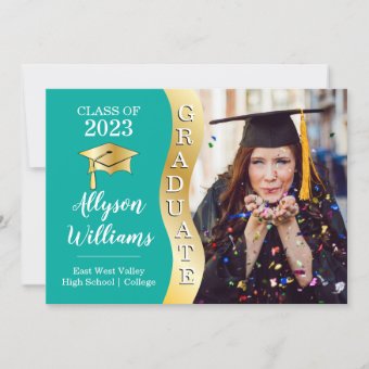 Teal | Gold Graduate Wave Grad Cap Photo Announcement | Zazzle