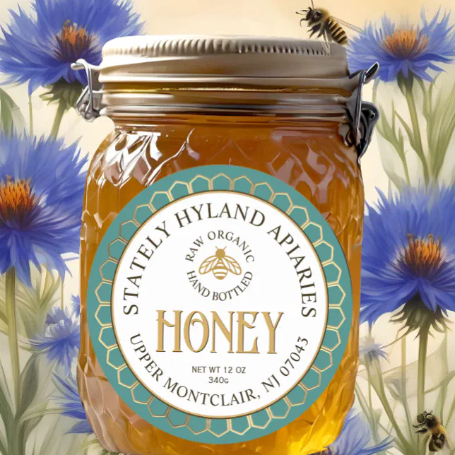 Teal Gold Honey Honeycomb Border and Bee Classic Round Sticker | Zazzle